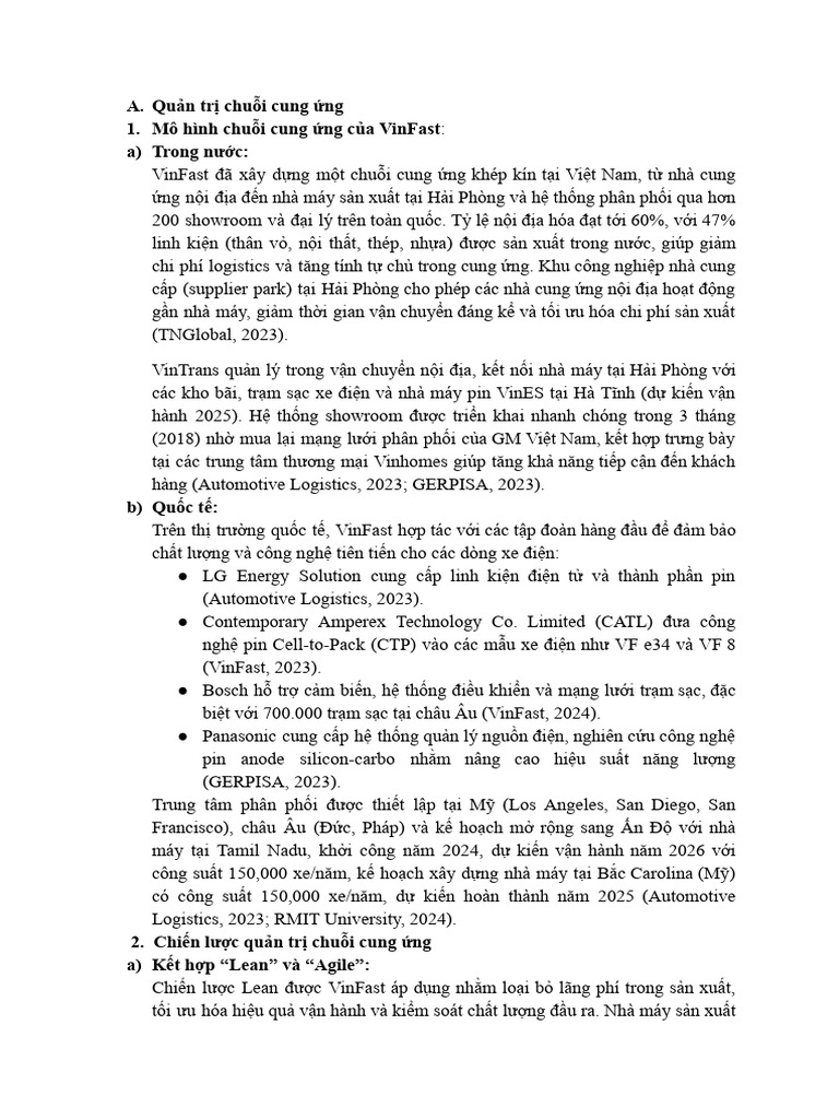 Quản trị chuỗi cung ứng, nguyên liệu Vinfast | PDF
