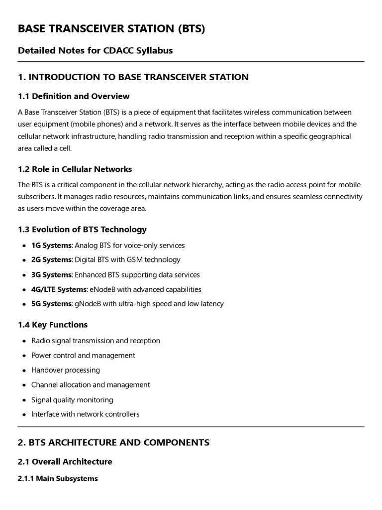Base Transceiver Station (BTS) - CDACC Detailed Notes | PDF | Cellular ...