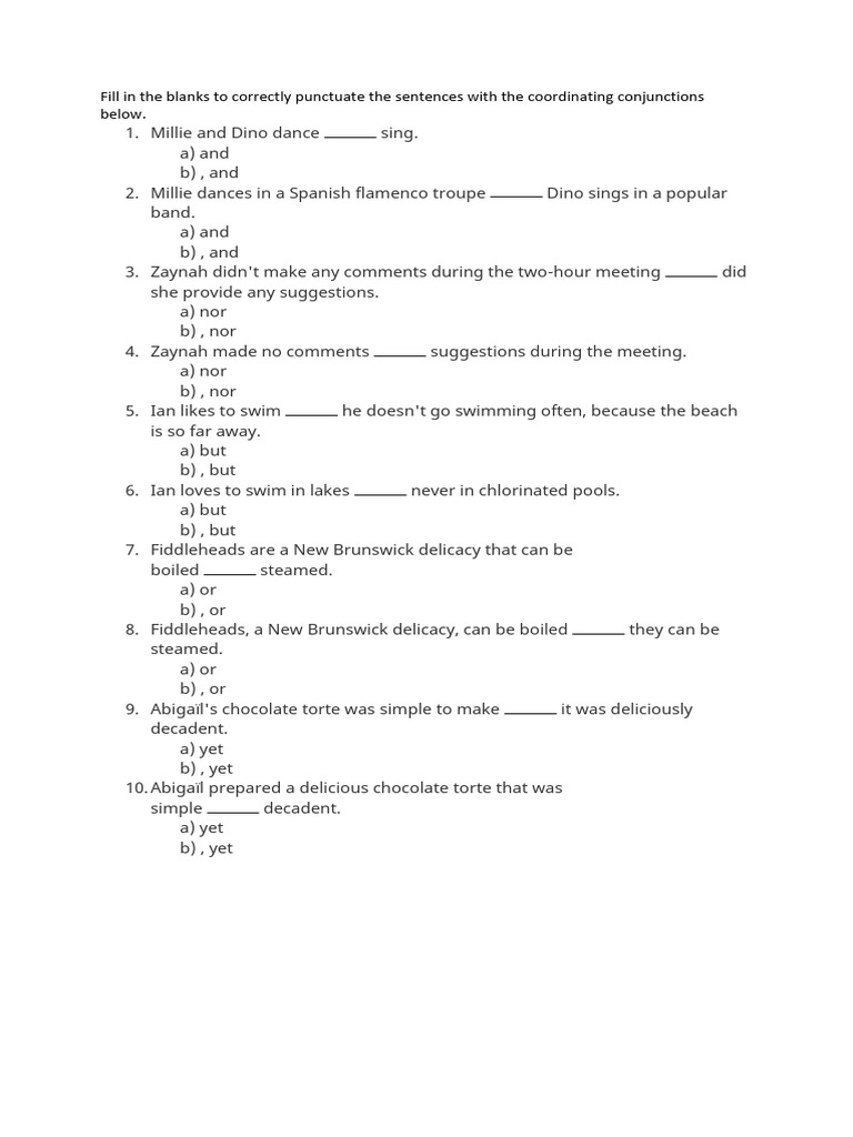 WLT Comma With Coordinating Conjunctions Questions | PDF