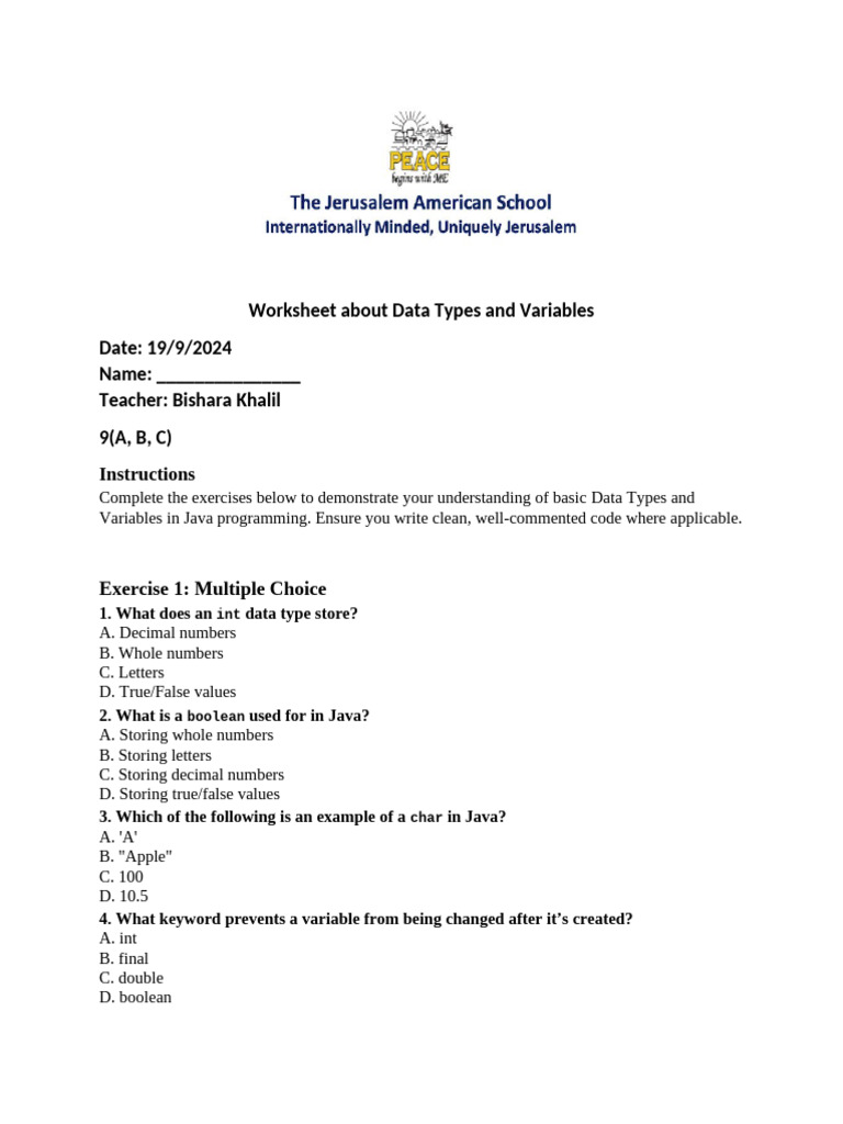 Worksheet2 - 9 Grade (Data Types and Variables Java) 2 | PDF