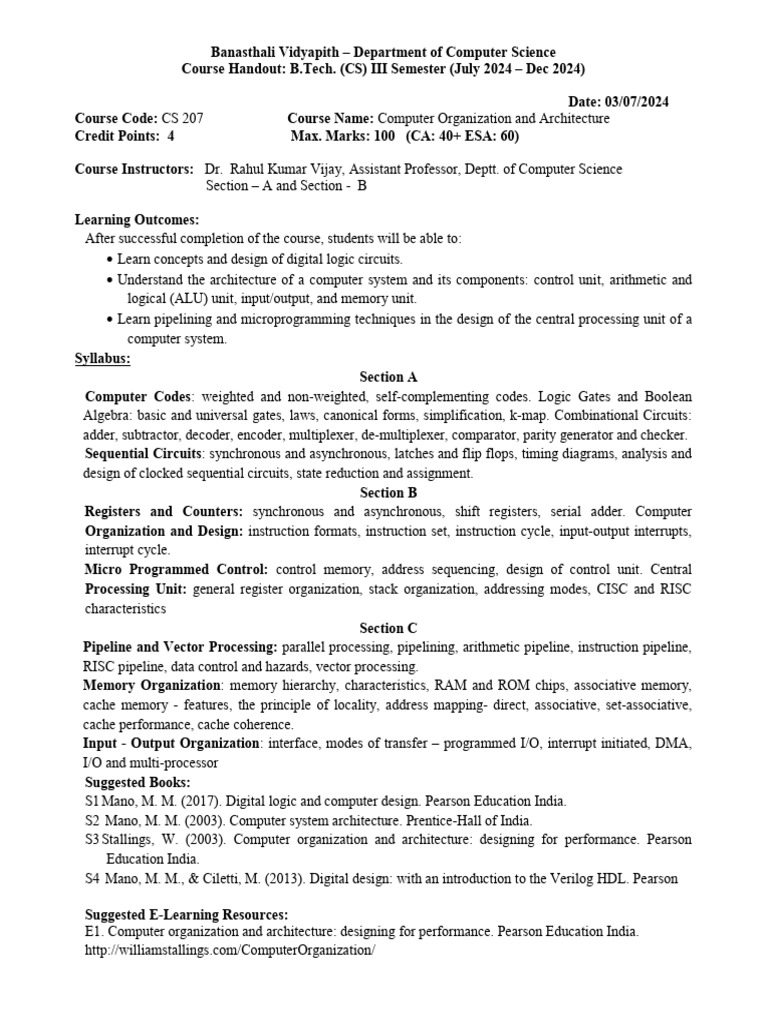 BTech (CS) III Sem Handout CS 207 COA - Sec - A - B - 241203 - 142221 | PDF | Central Processing ...
