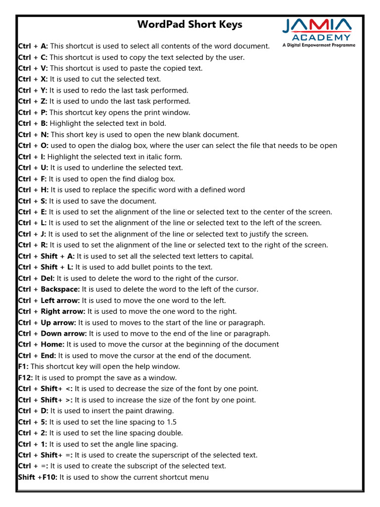 WordPad Keyboard Shortcuts Guide | PDF | Keyboard Shortcut | System ...