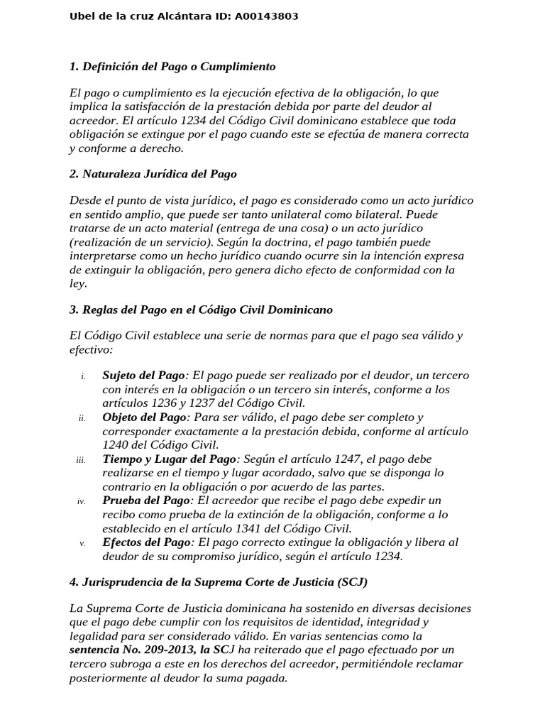 Reglas del Pago en el Código Civil Dominicano | PDF
