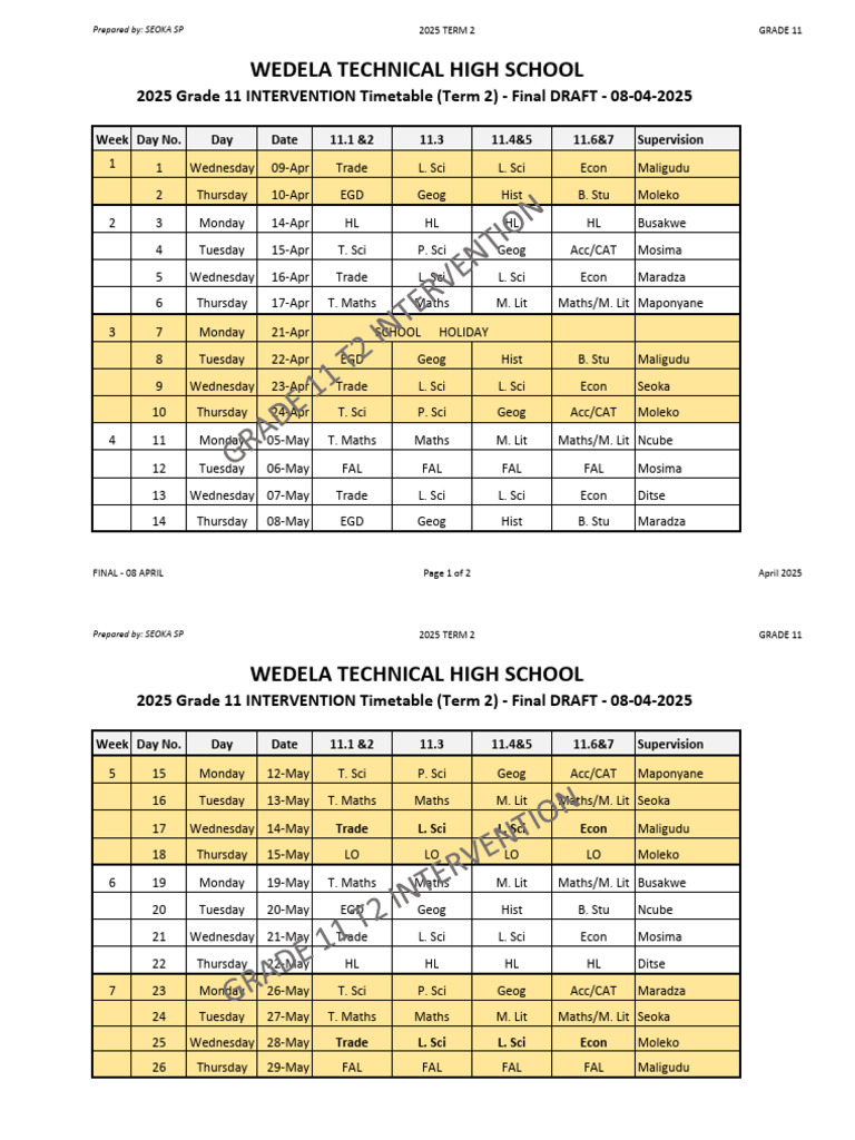 2025 T2 Grade 11 Intervention Timetable - 08 March 2025-FINAL | PDF