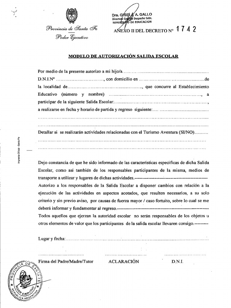 DDJJ Autorizacion Salida Escolar | PDF