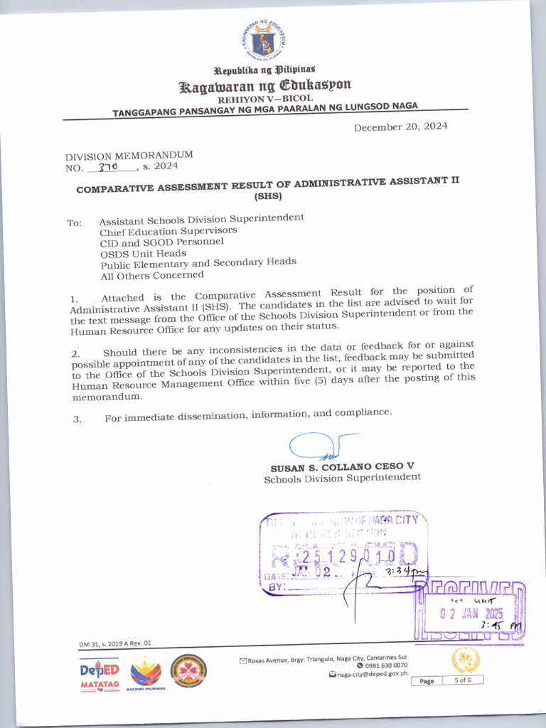 DM No. 370 S. 2024 Comparative Assessment Result of Administrative ...