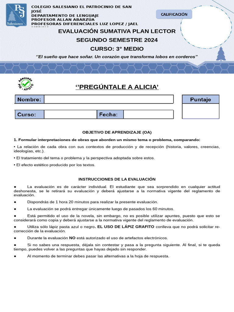 Evaluación Sumativa: "Pregúntale a Alicia" | PDF | Drogas