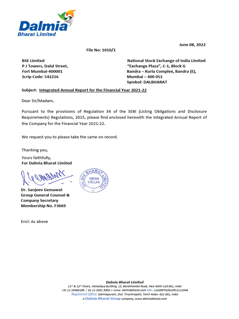 Dalmia Cement Annual Report 2022 | PDF | Cement | Sustainability