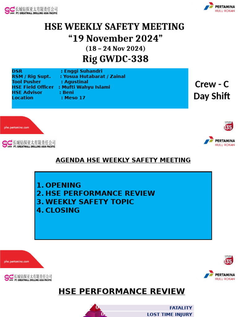 HSE Weekly Safety Meeting - 19 November 2024 - Crew C - Day Shift (Periode 18 - 24 Nov 2024) | PDF