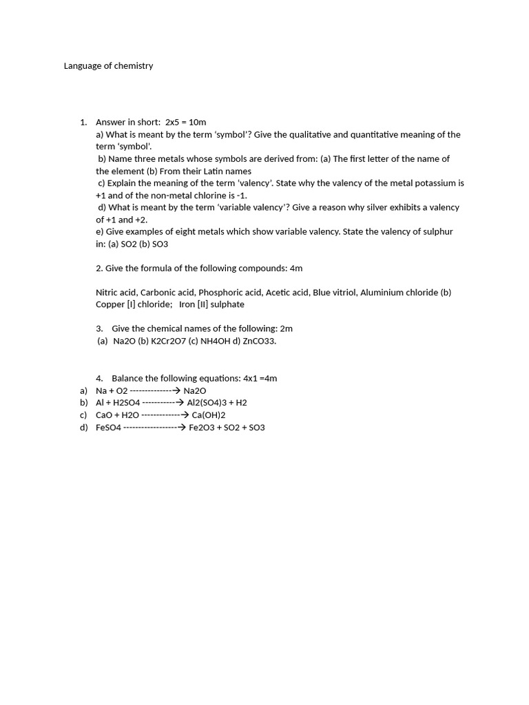 Class 8 Chemistry Language Worksheet | PDF