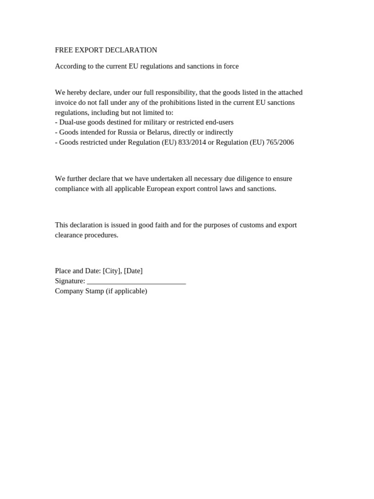 Free Export Declaration Compliance | PDF
