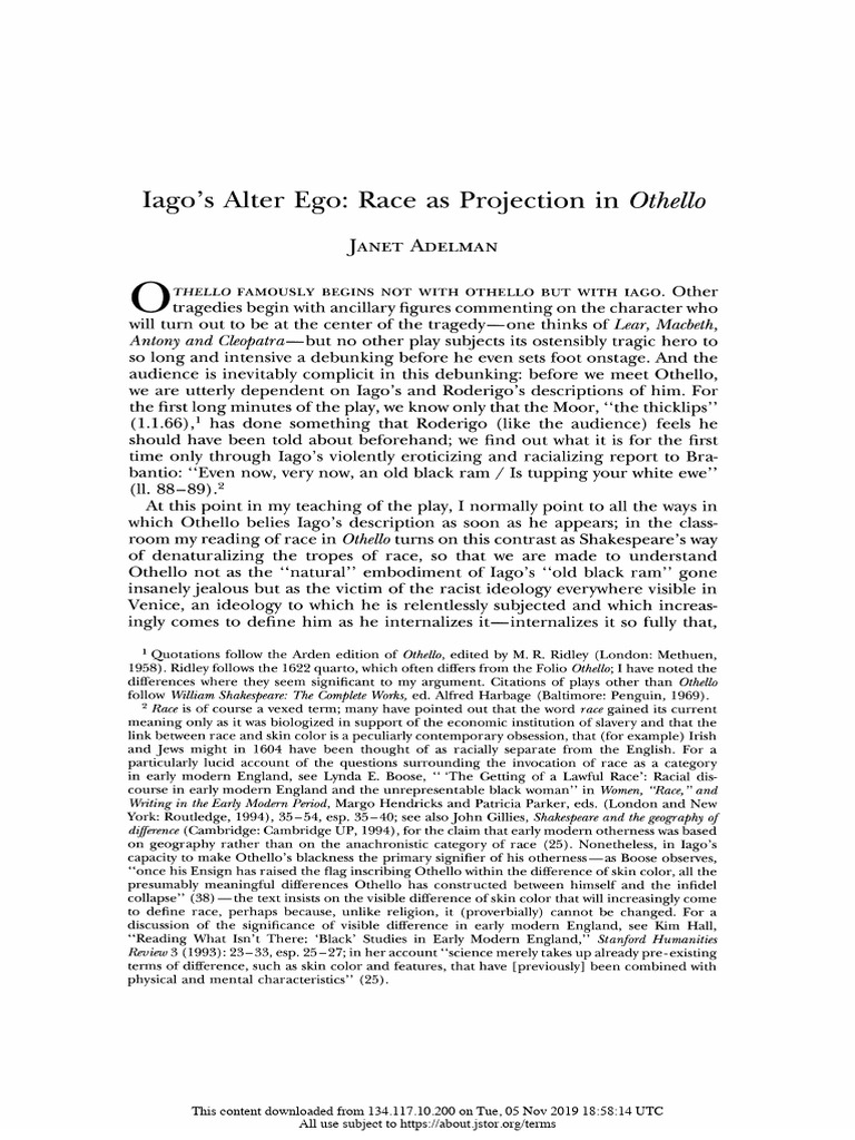 Iago's Racial Projection in Othello | PDF | Othello | Psychoanalysis