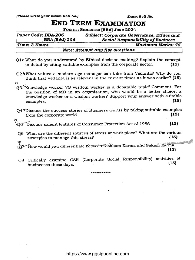 Bba 4 Sem Corporate Governance Ethics and Social Responsibility of Business Bba 206 Jun 2024 | PDF