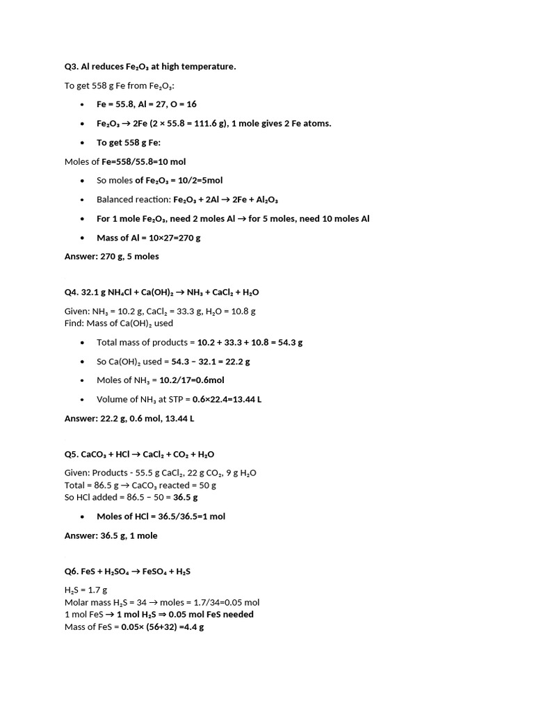 Chemical Calculations Long Answer Questions Solutions | PDF | Mole ...