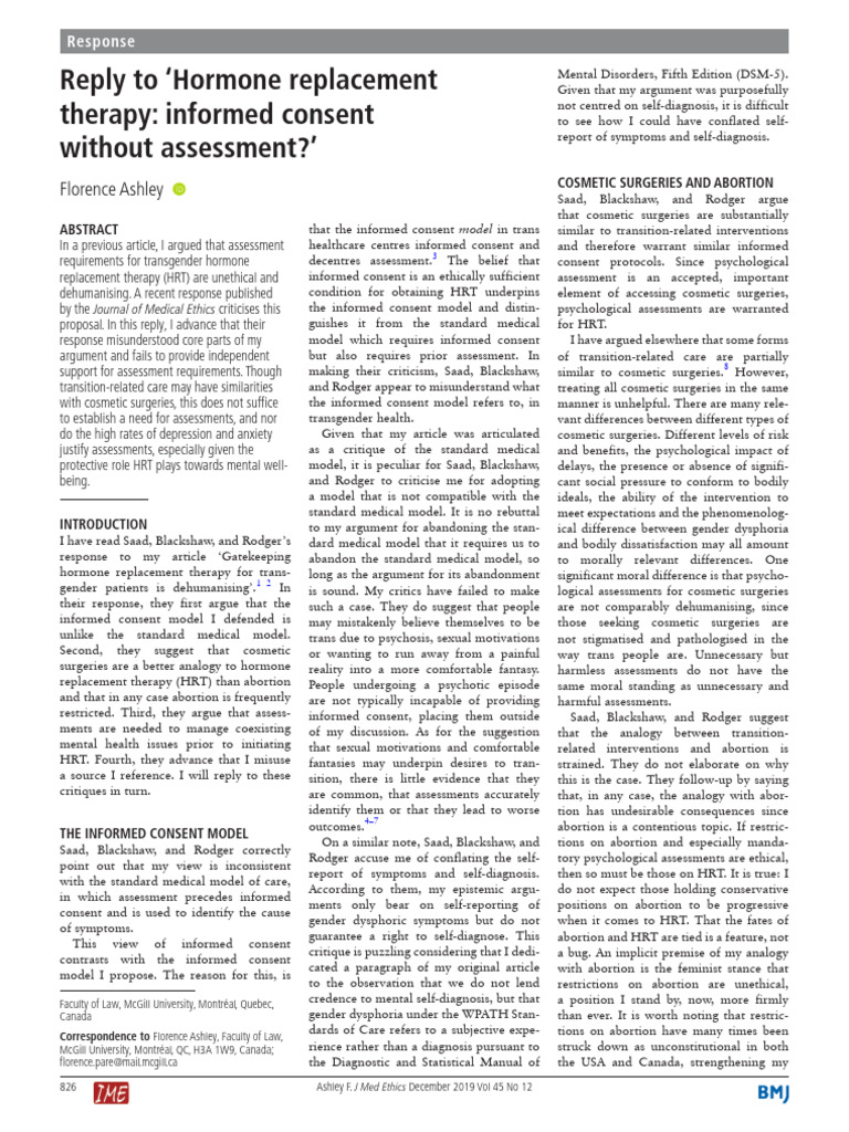 ASHLEY, Florence. Reply To Hormone Replacement Therapy - Informed ...