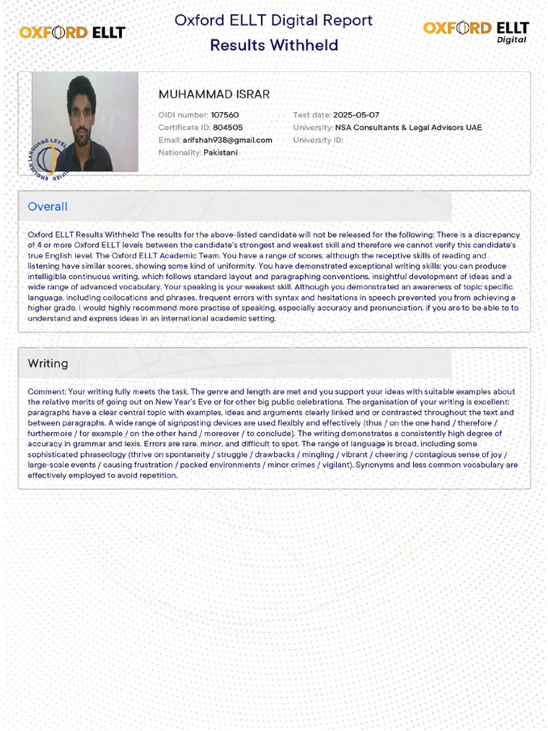 Oxford ELLT Report MUHAMMAD ISRAR 804505 | PDF