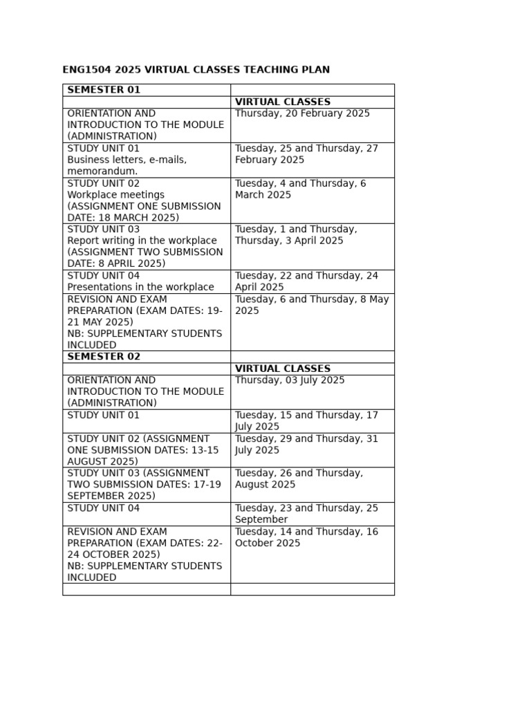 Eng1504 2025 Vrtual Classes Schedule | PDF