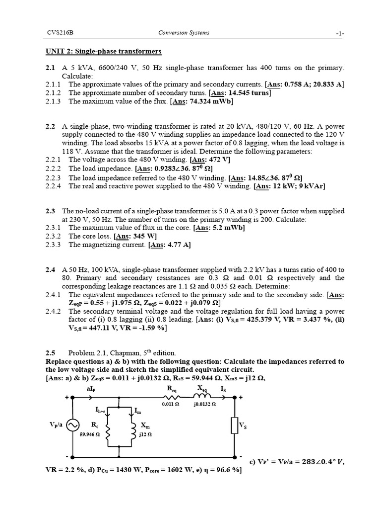 Tutorial Problems CVS216B 2023 Unit2 | PDF | Transformer | Power (Physics)