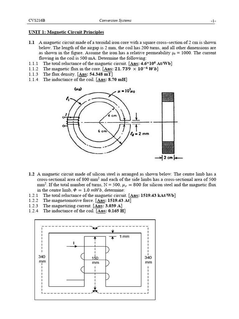 Tutorial Problems CVS216B 2023 Unit1 | PDF | Inductor | Inductance