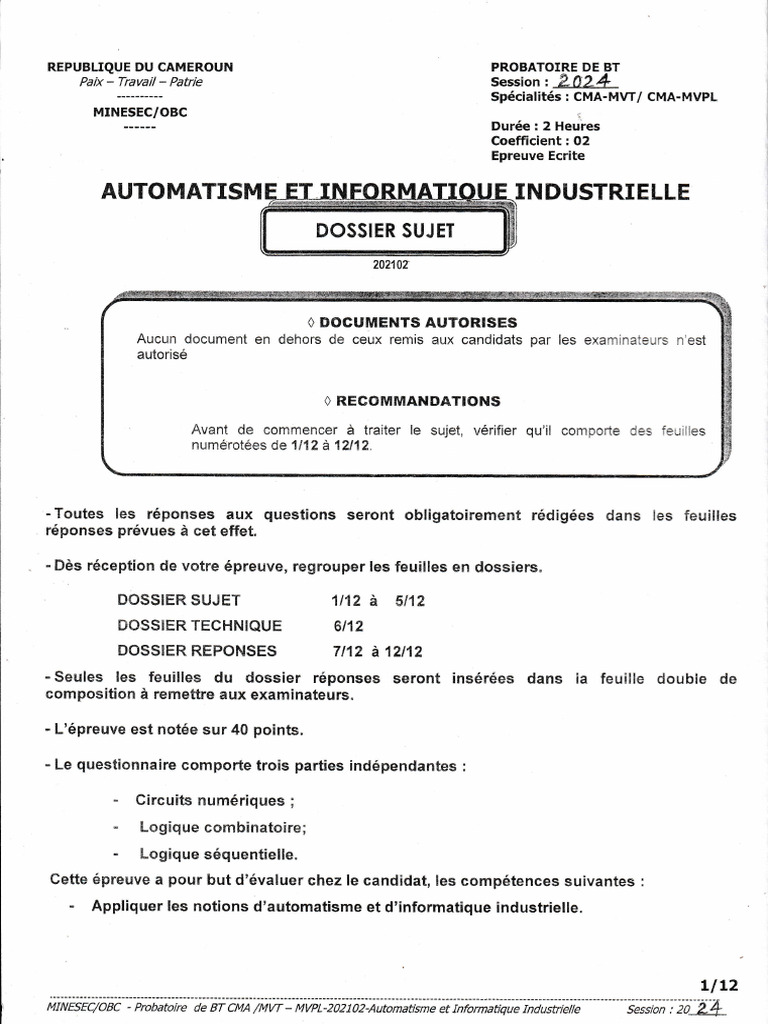 Épreuve Automatisme BT CMA 2021 | PDF