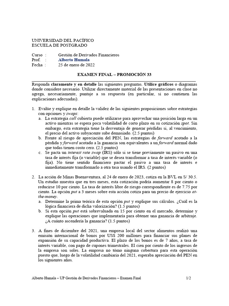 Examen Final_Prom 33 | PDF | Opción (Finanzas) | Swap (Finanzas)