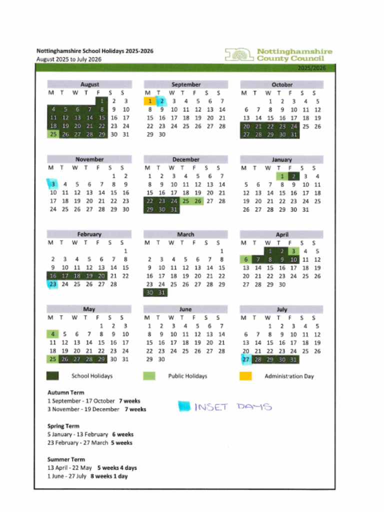 School Holidays Calendar With INSET Days 2025 2026.353234338 | PDF