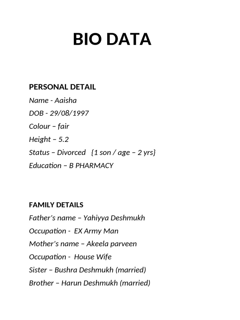 Aaisha's Matrimonial Bio Data | PDF