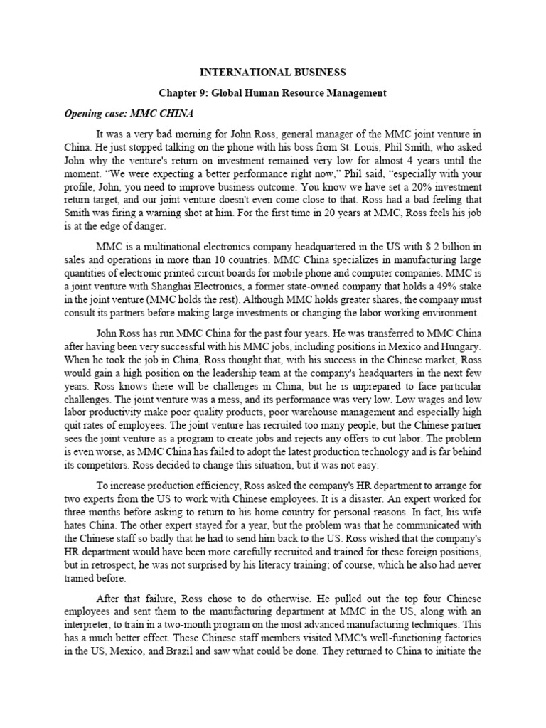 Case Study - Chapter 9 - Global Human Resources Management | PDF | Joint Venture | China