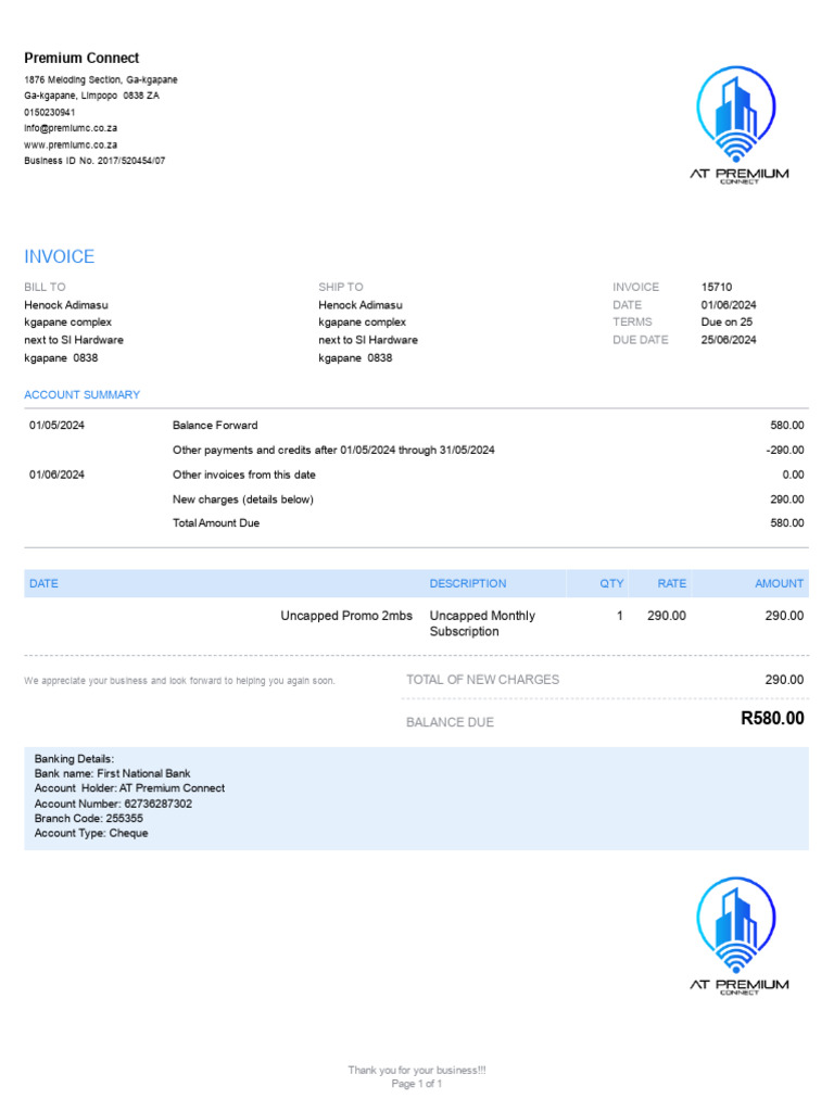 Invoice for Premium Connect Services | PDF | Banks | Financial Services