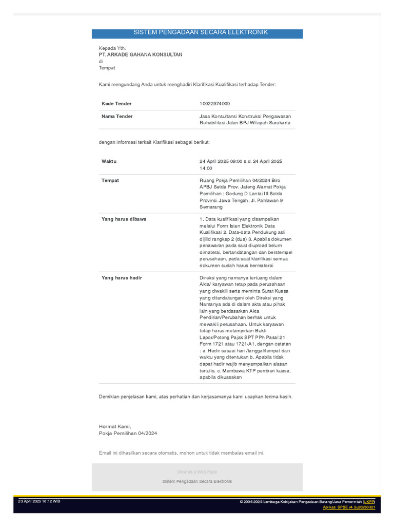 LPSE - (LPSE) Undangan Klarifikasi Kualifikasi WIL SURAKARTA | PDF