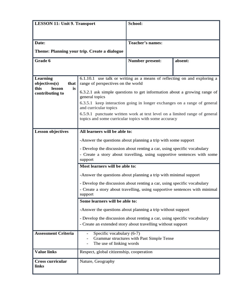 English - Grade 6 - Unit 9. Transport - Planning Your Trip - Lesson Plan 11 - Version 1 | PDF ...