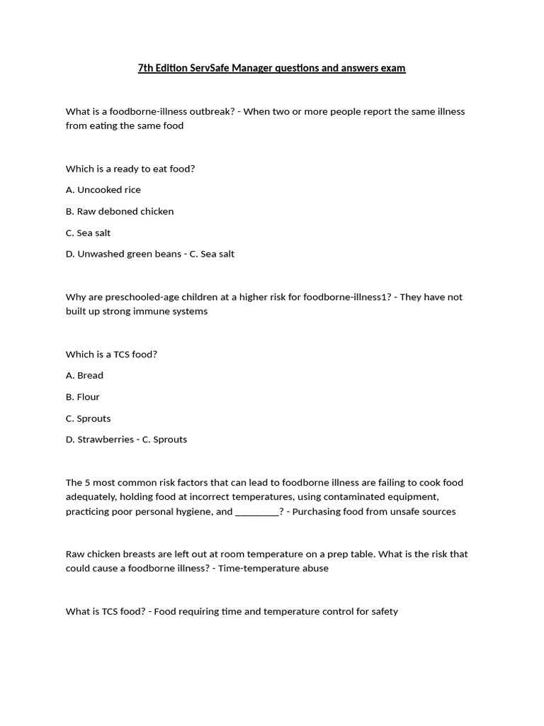 7th Edition ServSafe Manager Questions and Answers Exam | PDF ...