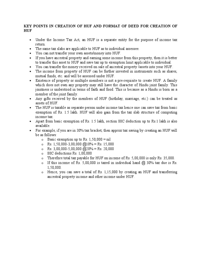 HUF Creation and Deed Format Guide | PDF | Income Tax In India | Taxation