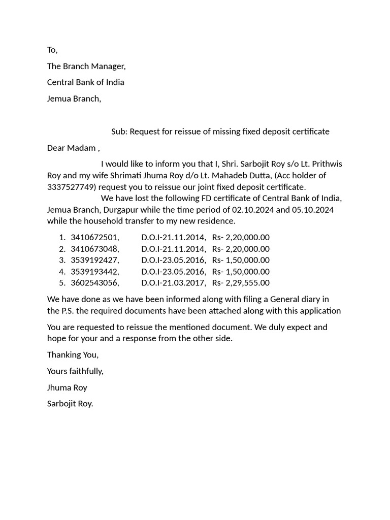 Reissue FD Certificate | PDF