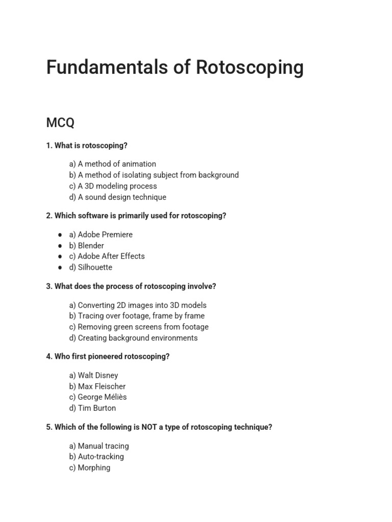 IMS - BVFM - 2023 - 4th Sem - MA 7 - Fundamentals of Rotoscoping-100 MCQs | PDF | 3 D Computer ...