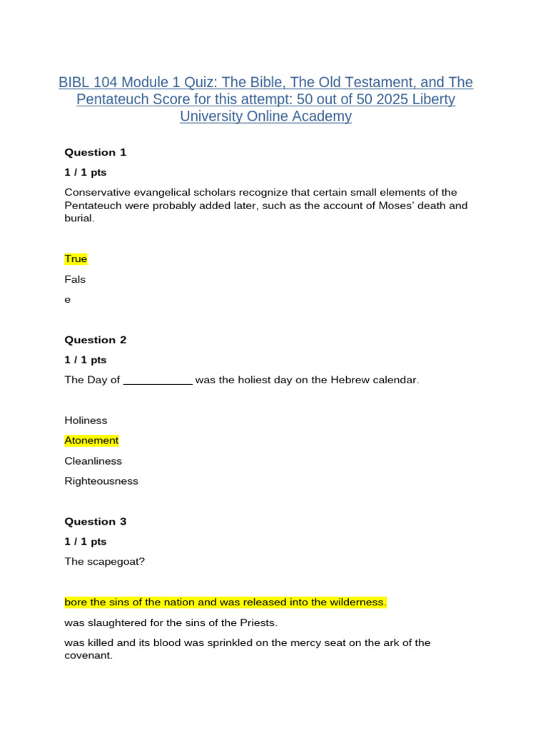 BIBL 104 Module 1 Quiz The Bible, The Old Testament, and The Pentateuch ...