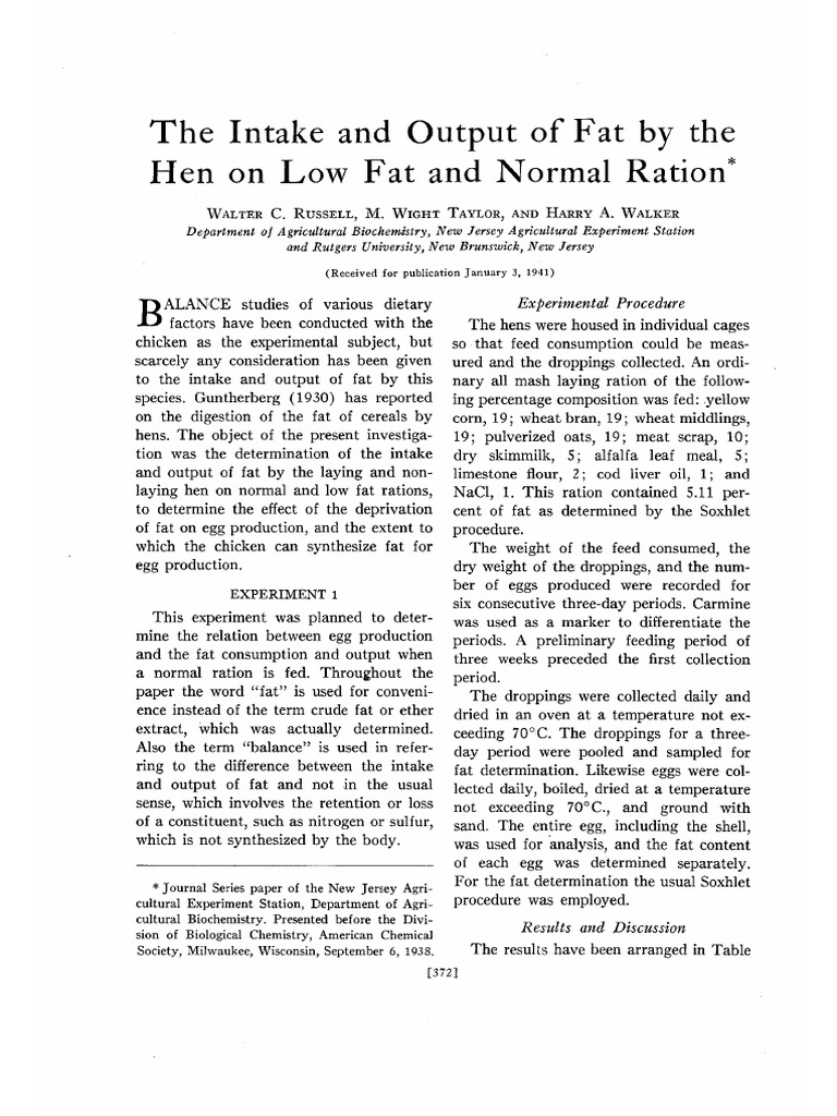 The Intake and Output of Fat by The Hen On Low Fat and Nor - 1941 ...