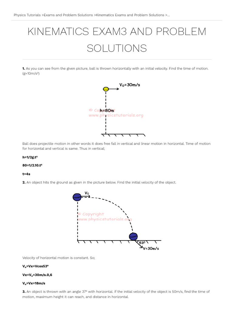Kinematics Exam3 and Problem Solutions - Physics Tutorials | PDF