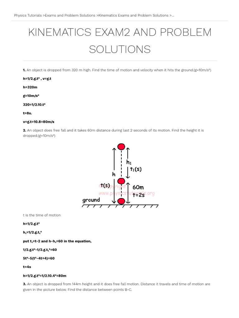 Kinematics Exam2 and Problem Solutions - Physics Tutorials | PDF