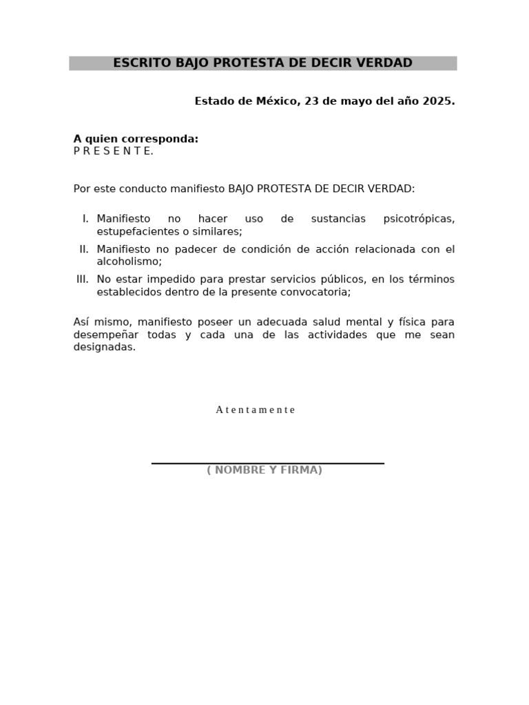 Formato Bajo Protesta de Decir Verdad | PDF