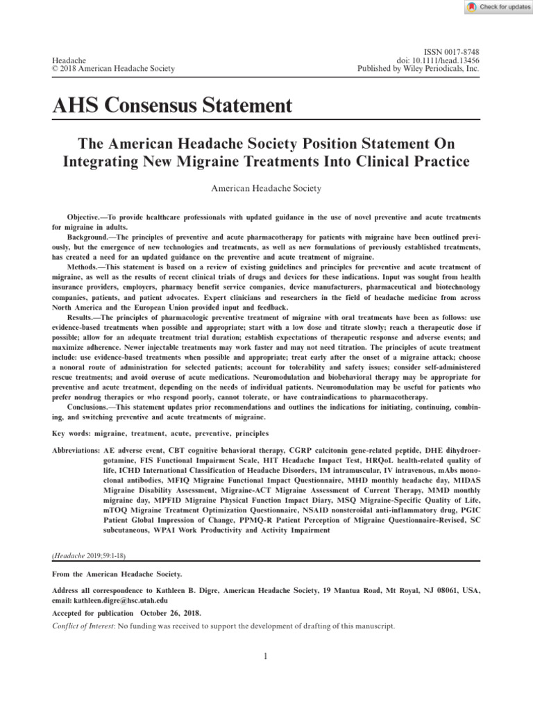 Headache - 2018 - The American Headache Society Position Statement On ...