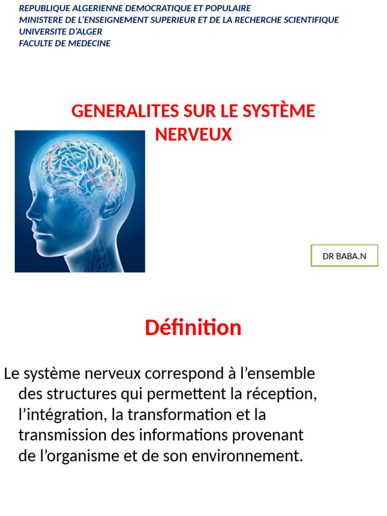 5.generalités sur le snc 2021 | PDF | Système nerveux central | Système ...