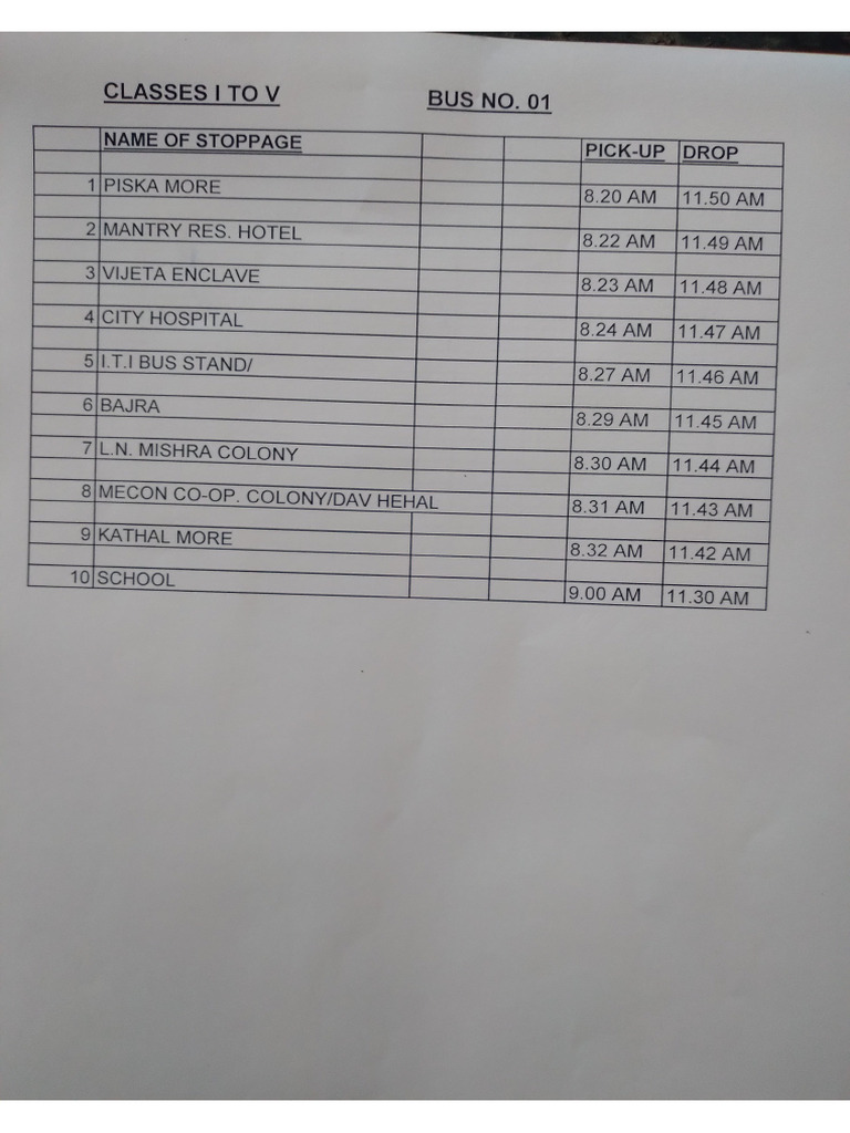 Bus Route & Timing W.E.F. 28.04.25 (Std. I To V) Till Further Notice. | PDF