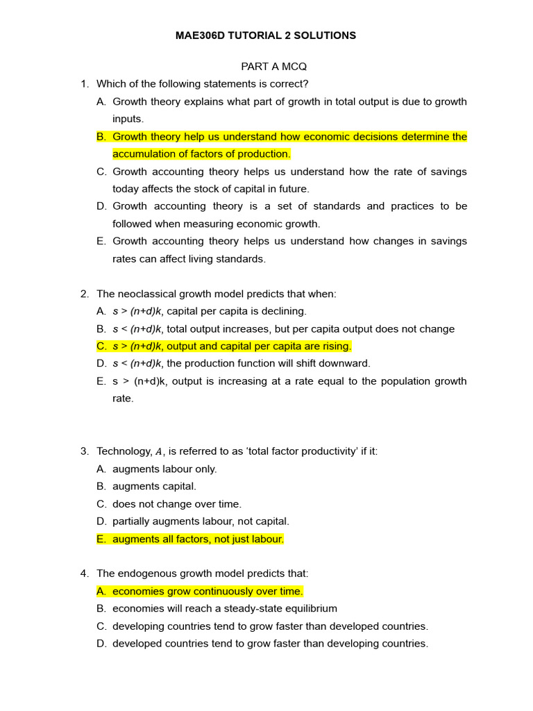 Mae306d Tut 2 Solutions | PDF | Economic Growth | Investing