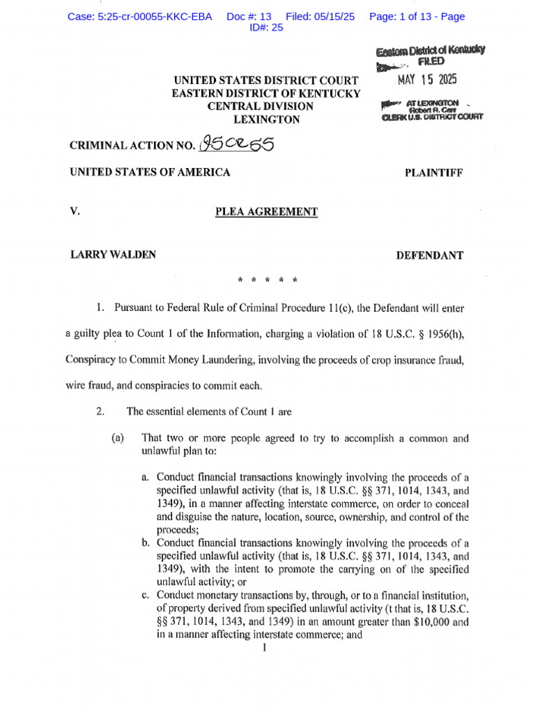 Walden's Crop Fraud Plea Agreement | PDF | United States Federal ...