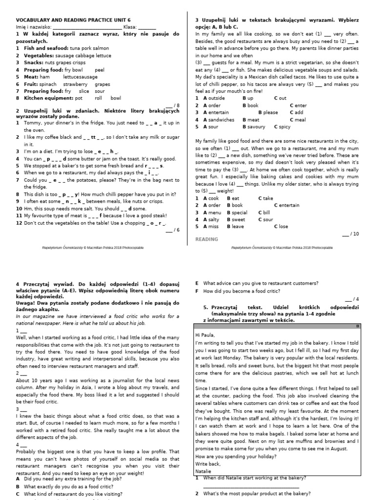 Vocab - Short Test - Unit - 6A&6B | PDF | Sausage | Foods