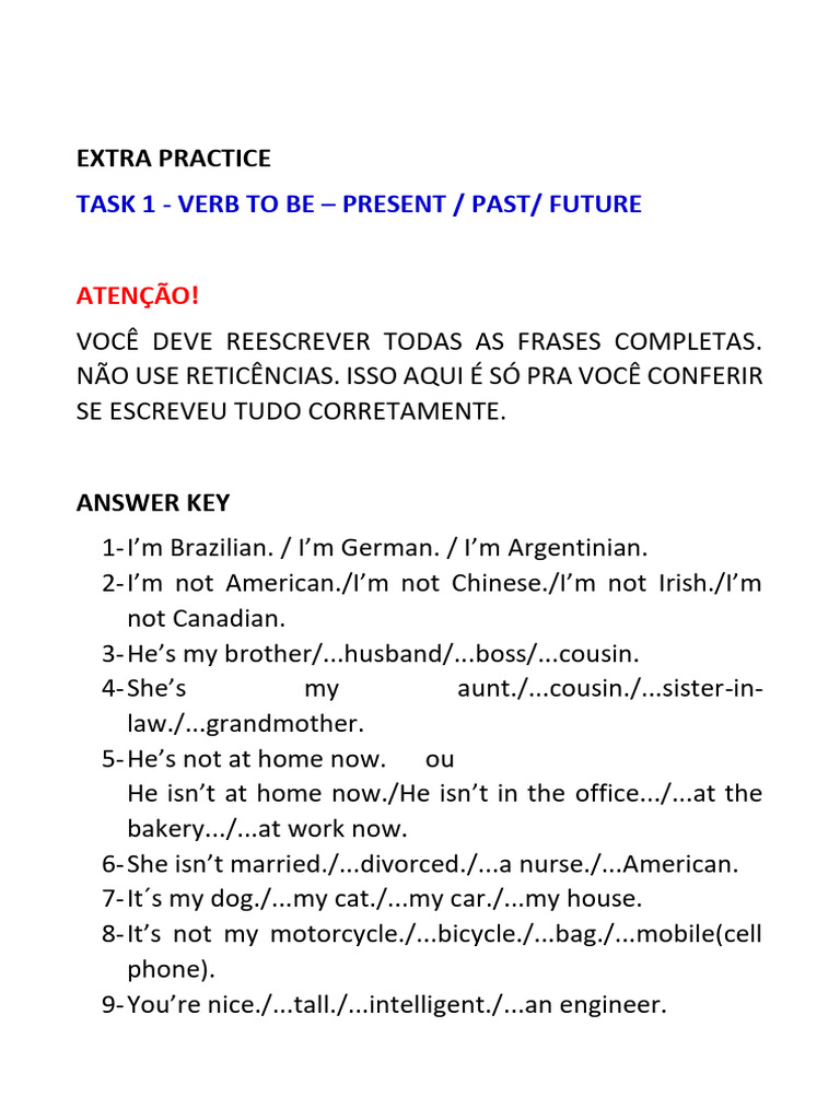 Task 1 - Answer Key - Verb To Be Present | PDF
