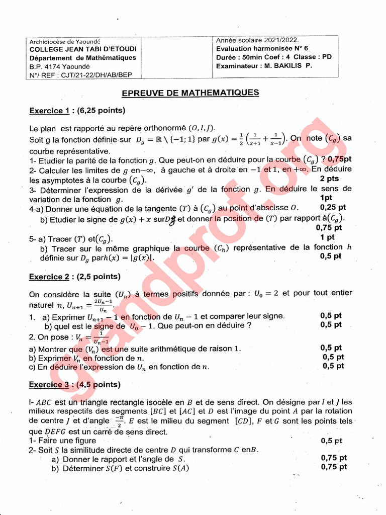 Maths 1ered Probatoire Blanc College Jean Tabi Mai 2022 | PDF