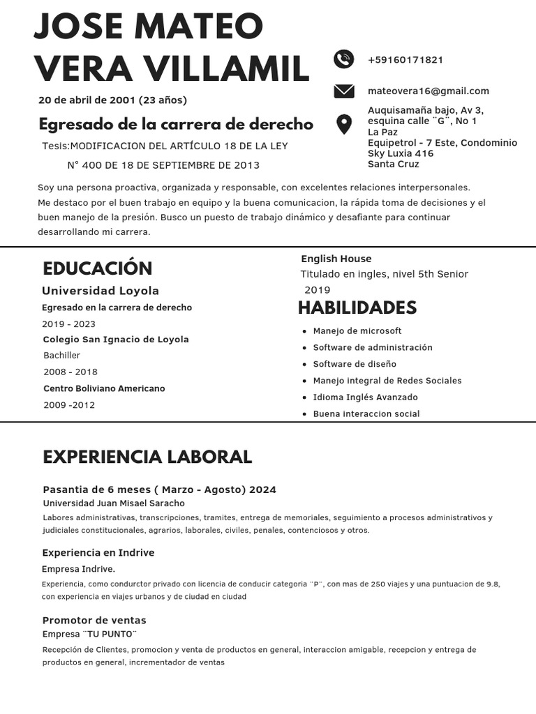 Hoja de Vida Mateo Vera Villamil | PDF