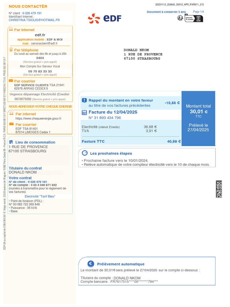 Facture EDF de Mme Tsiolis - Novembre 2023 | PDF